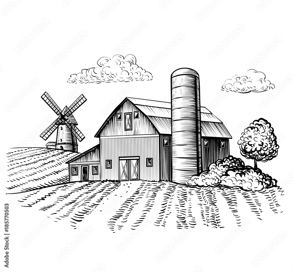 Rural landscape, farm barn and windmill sketch. Hand draw illustration ...