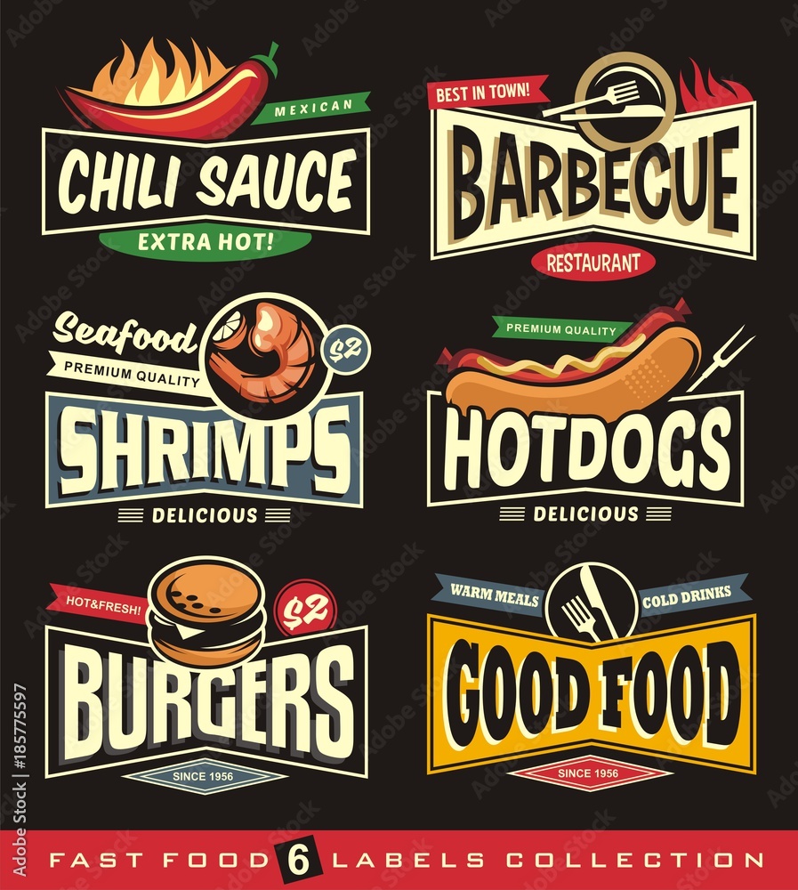 Chili, barbecue, shrimps, hot dogs, burgers and food signs, logo ...
