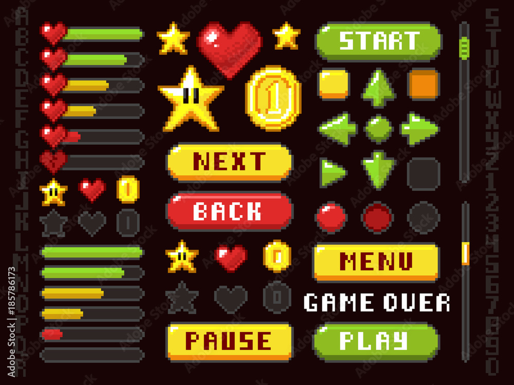 Pixel game buttons, navigation and notation elements and symbols vector ...
