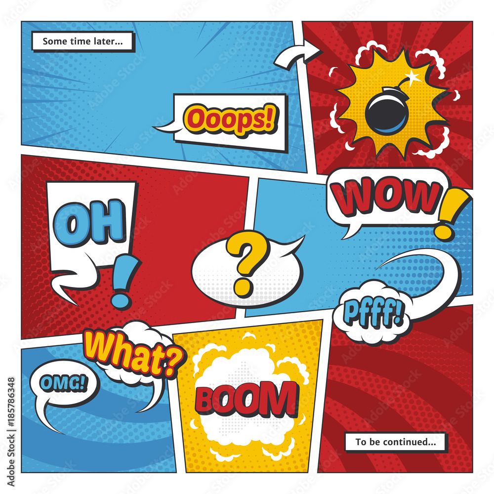 Comic book page vector template with cartoon elements and comic words ...