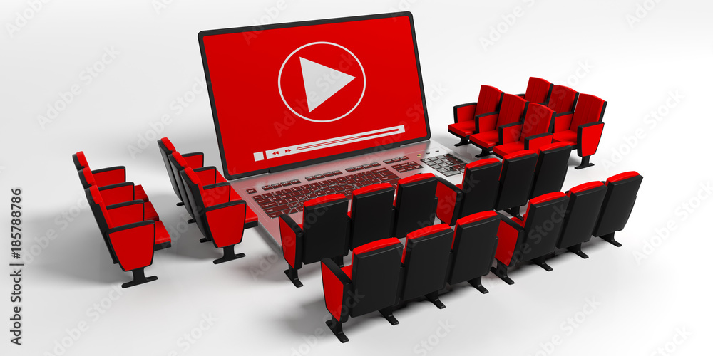 Cinema movie clapper board on a laptop screen. cinema chairs around ...