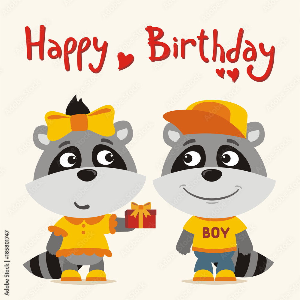 Happy birthday! Greeting card: funny raccoon girl gives gift to boy ...