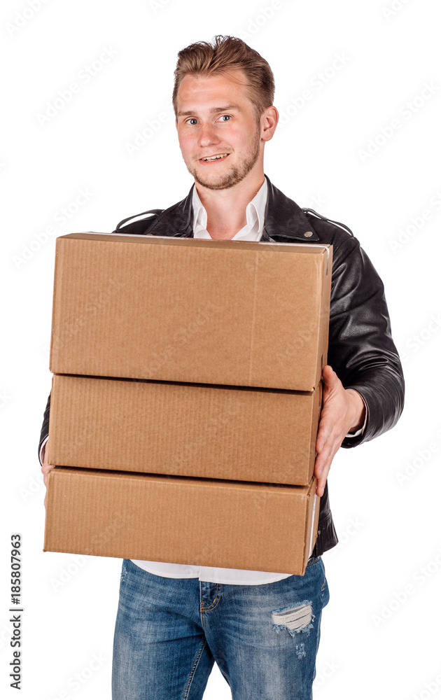 man keeping three carton boxes. emotions, facial expressions, feelings ...