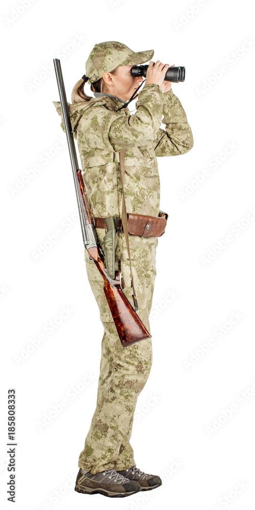 female hunter with double barreled shotgun Isolated on white background ...