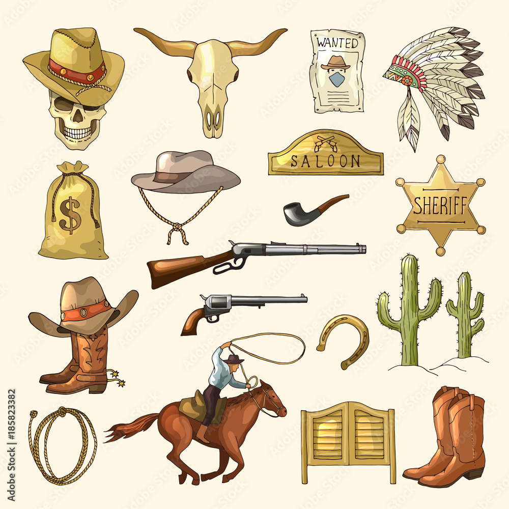 Colored illustrations of wild west symbols. Western vintage pictures ...