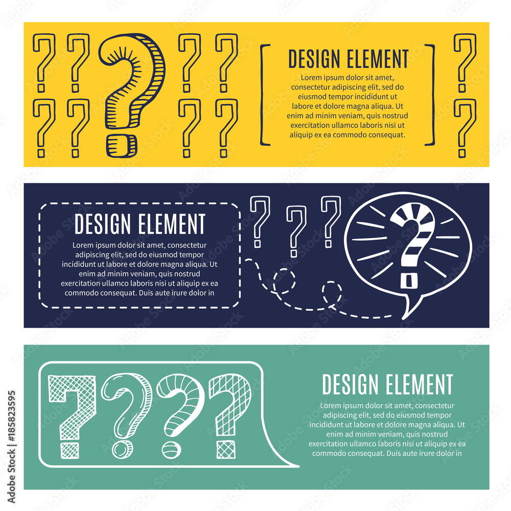 Horizontal banners with concept pictures of question marks and places ...