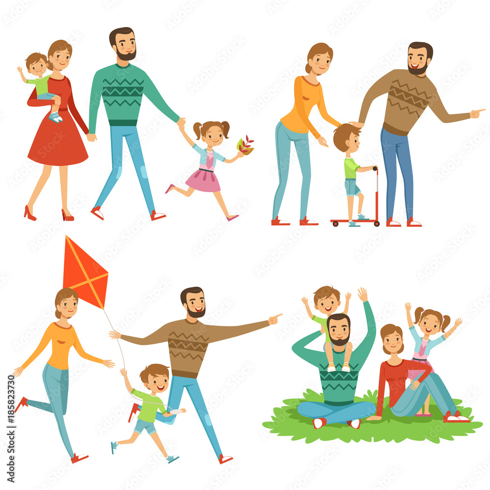 Happy family walking in park. Funny characters set in cartoon style ...