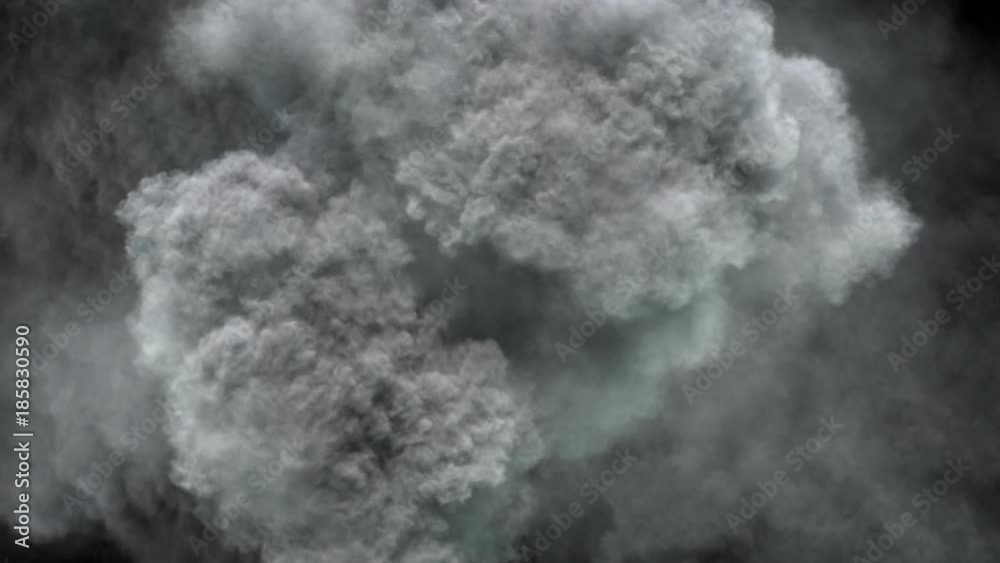 Massive smoke/vapor eruption from top view. Separated on pure black ...