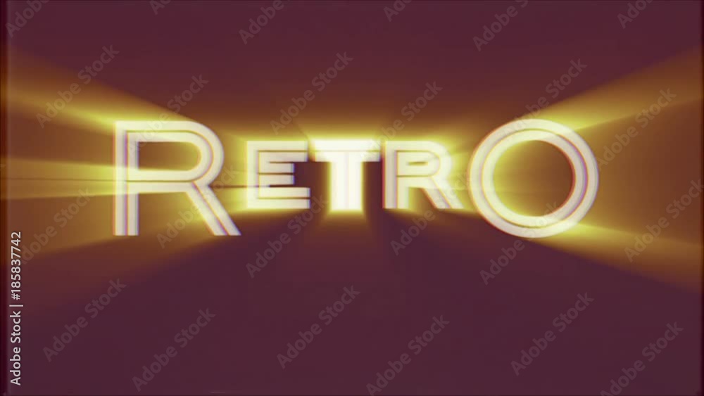 shiny RETRO word text on old computer tv vhs effect glitch interference ...