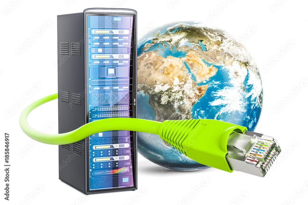 Server rack and lan internet cable with Earth Globe. Global internet ...