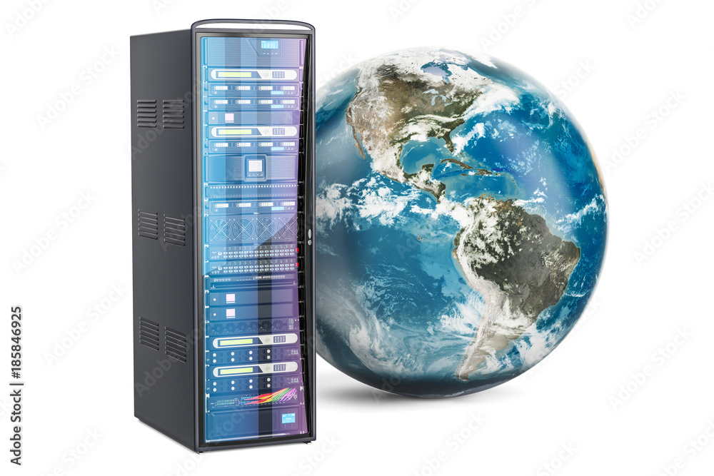 Server Rack with Earth Globe. Global internet concept, 3D rendering ...