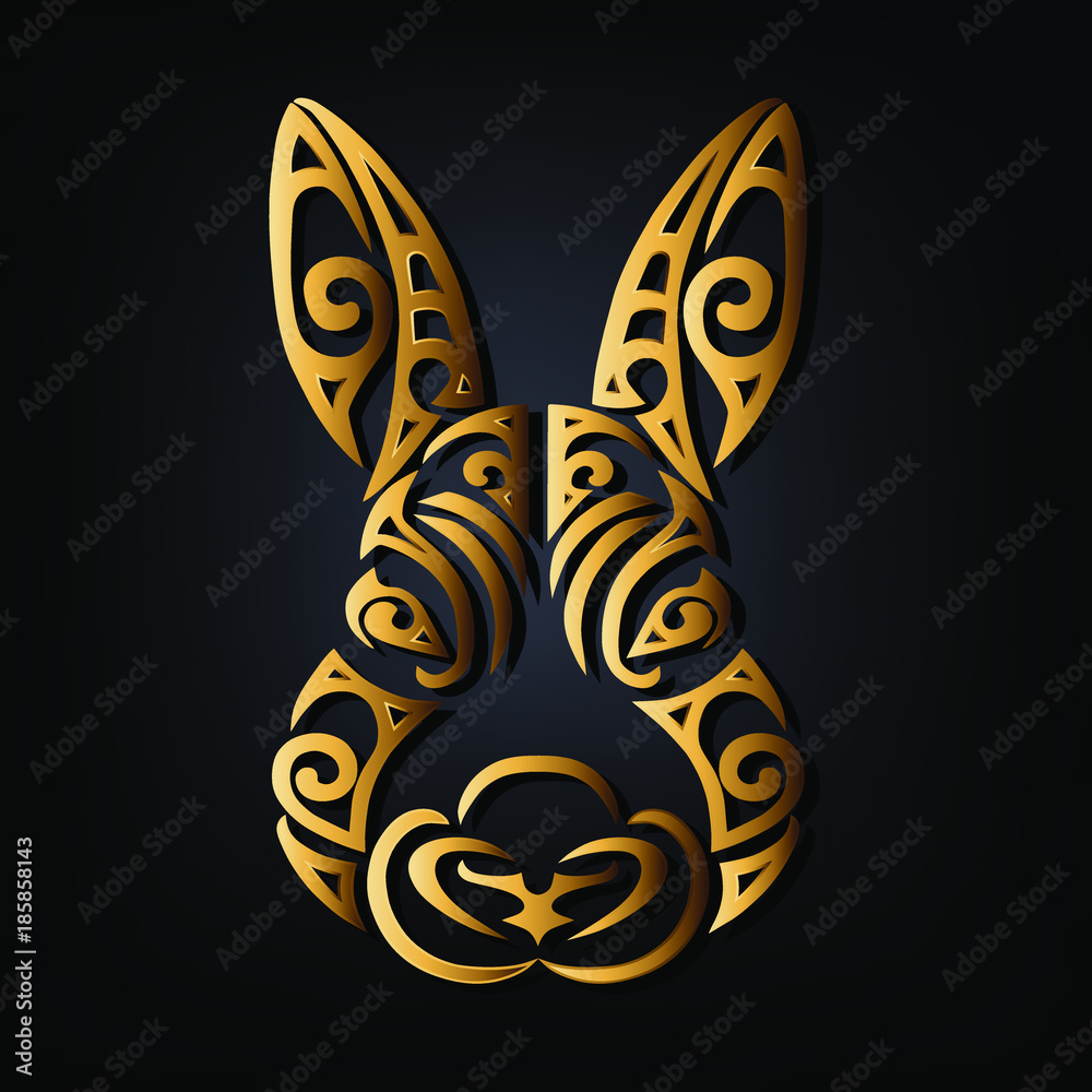 Golden rabbit head isolated on black background. Stylized Maori face ...