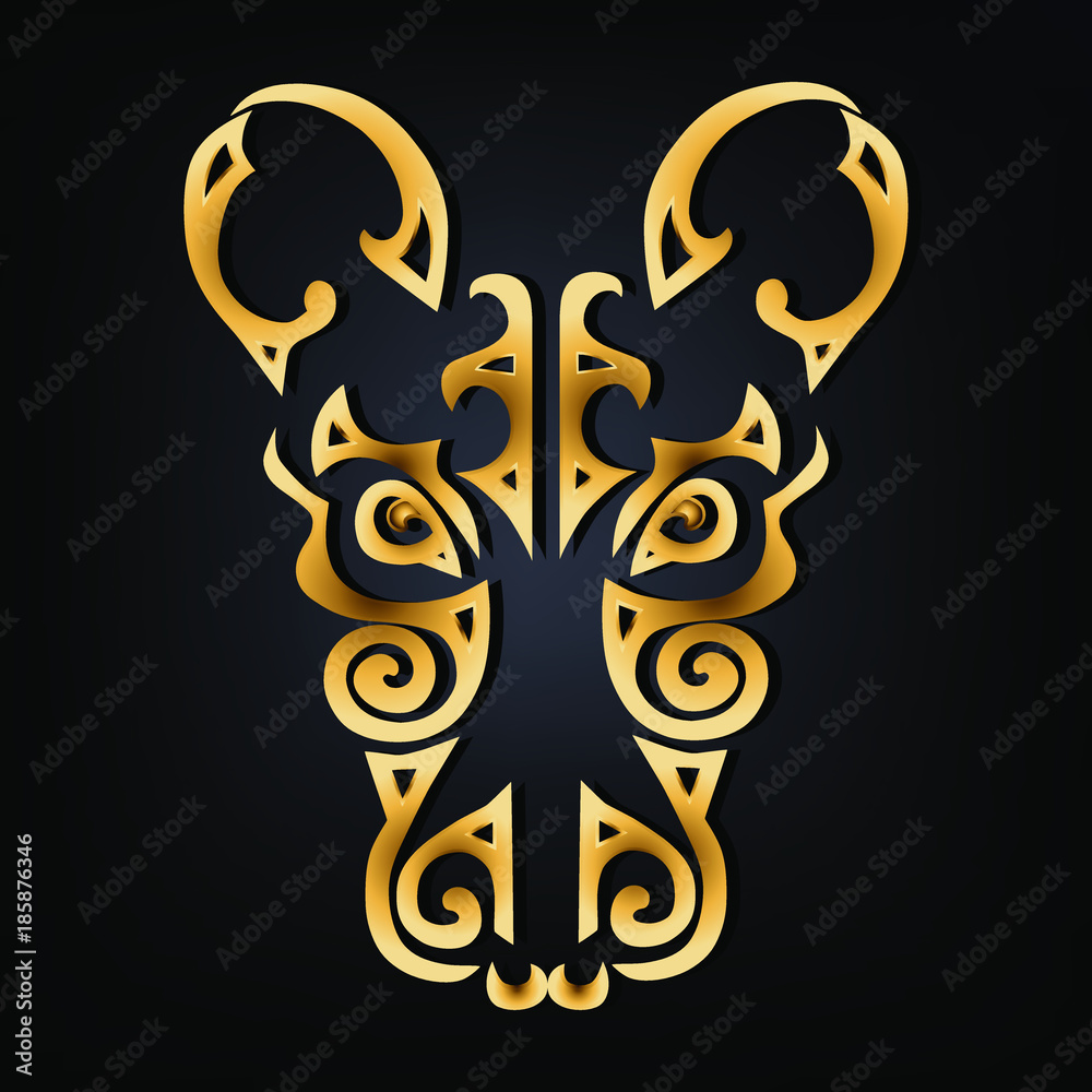 Golden Rat head logo isolated on black background. Stylized Maori face ...