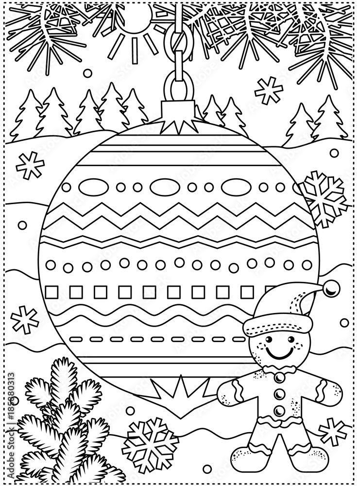 Winter holidays coloring page for kids and grown-ups with decorated ...