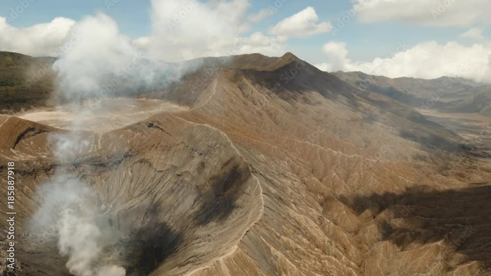 Mountain Bromo active volcano crater in East Jawa, Indonesia. Aerial ...