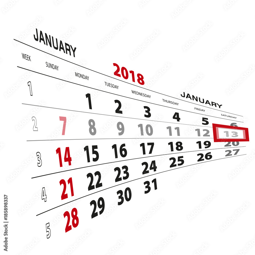 January 13, highlighted on 2018 calendar. Week starts from Sunday ...
