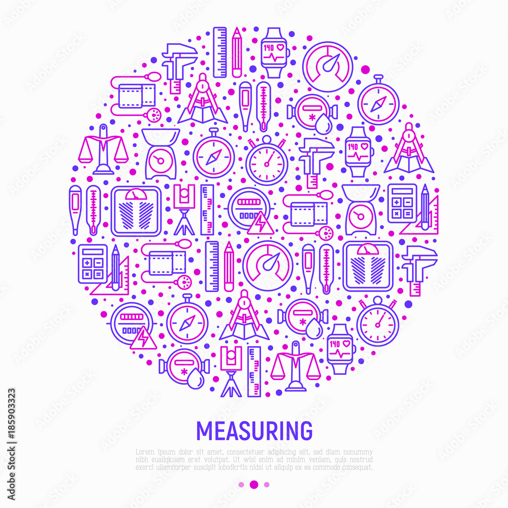 Measuring concept in circle with thin line icons: stopwatch, weight ...