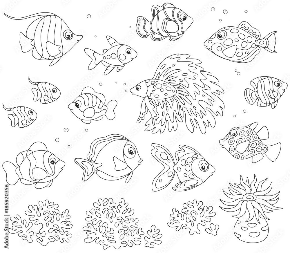Black and white vector set of fishes in cartoon style Stock Vector ...