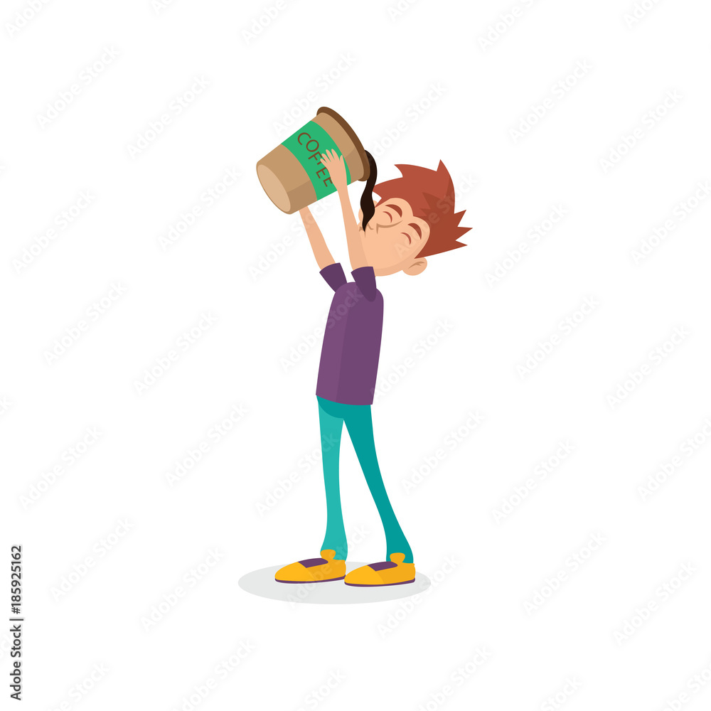 Cartoon male character drinking oversized cup of black coffee. Man with ...