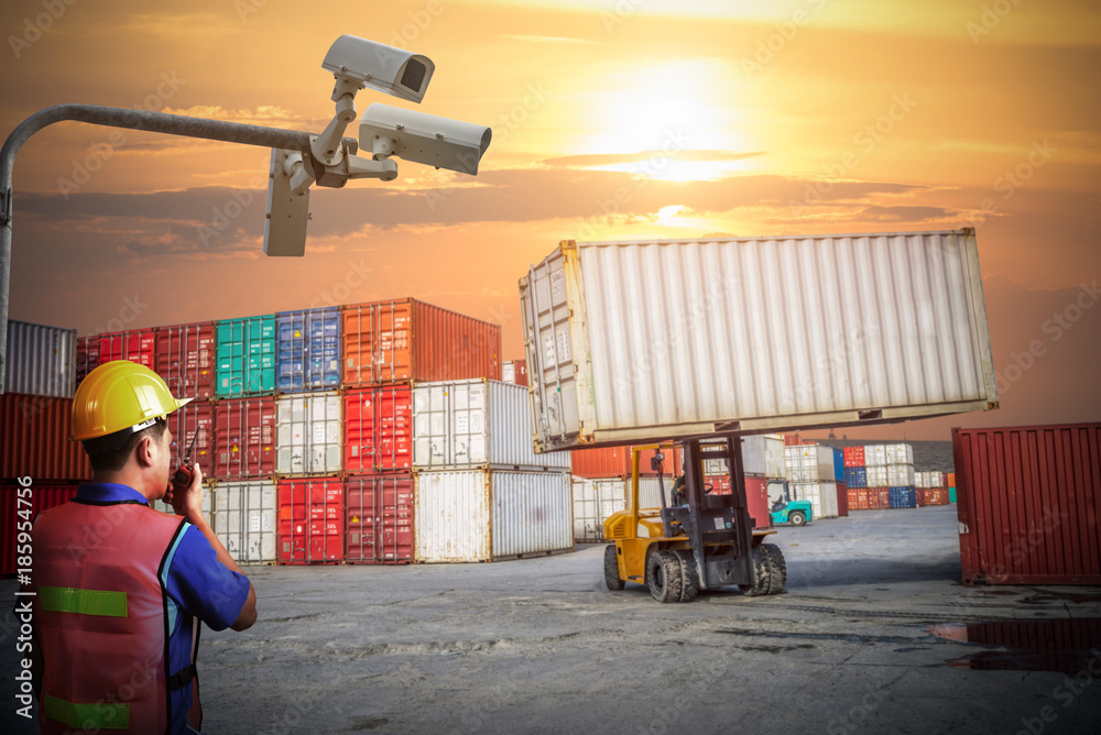 Security camera monitoring with Industrial Container Cargo freight ship ...
