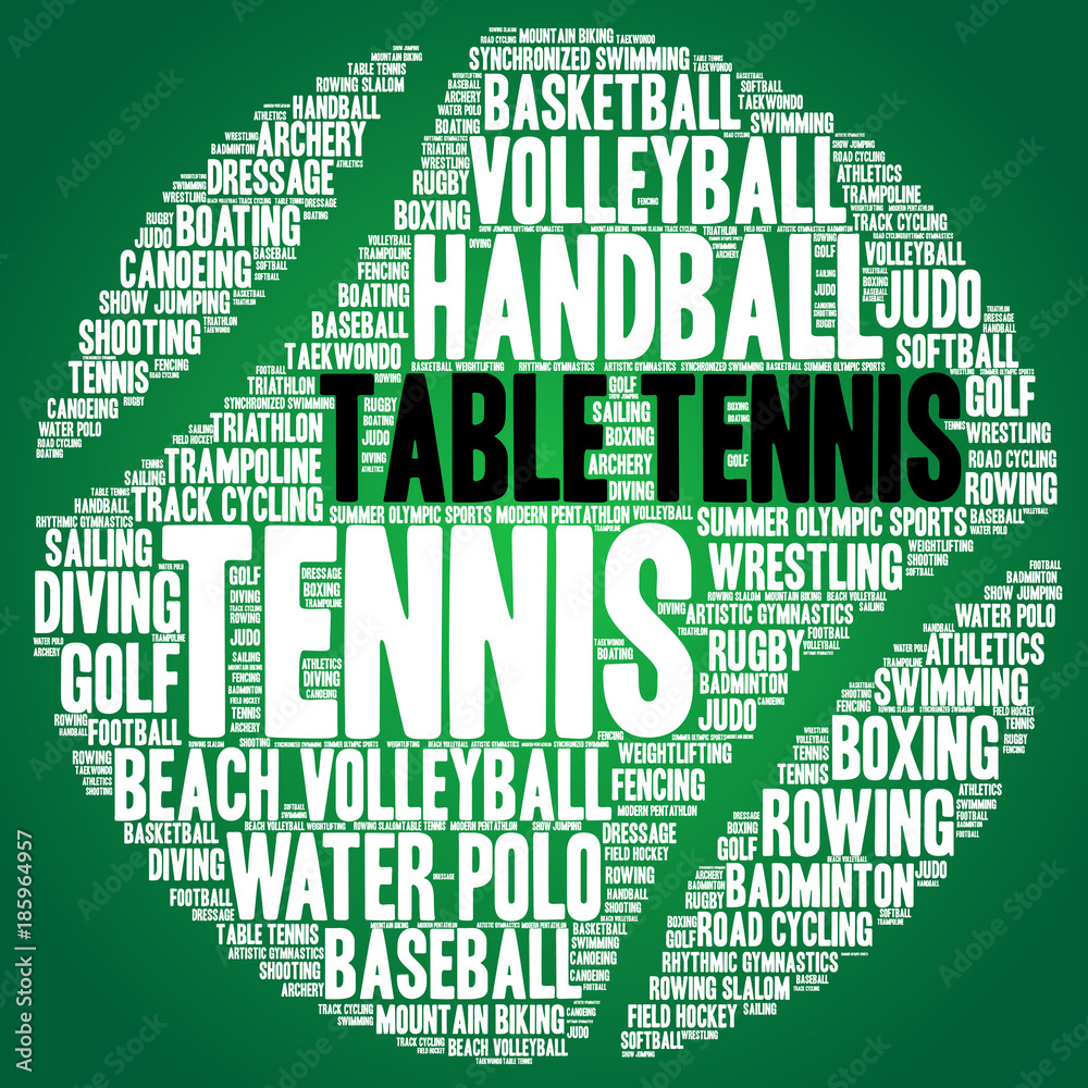 Tennis. Word cloud in the form of a ball, white font, green gradient background. Summer sports ...