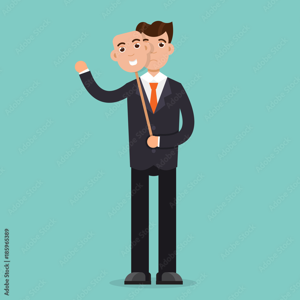Fake emotion concept. Hide under smile mask real sad face. Vector ...
