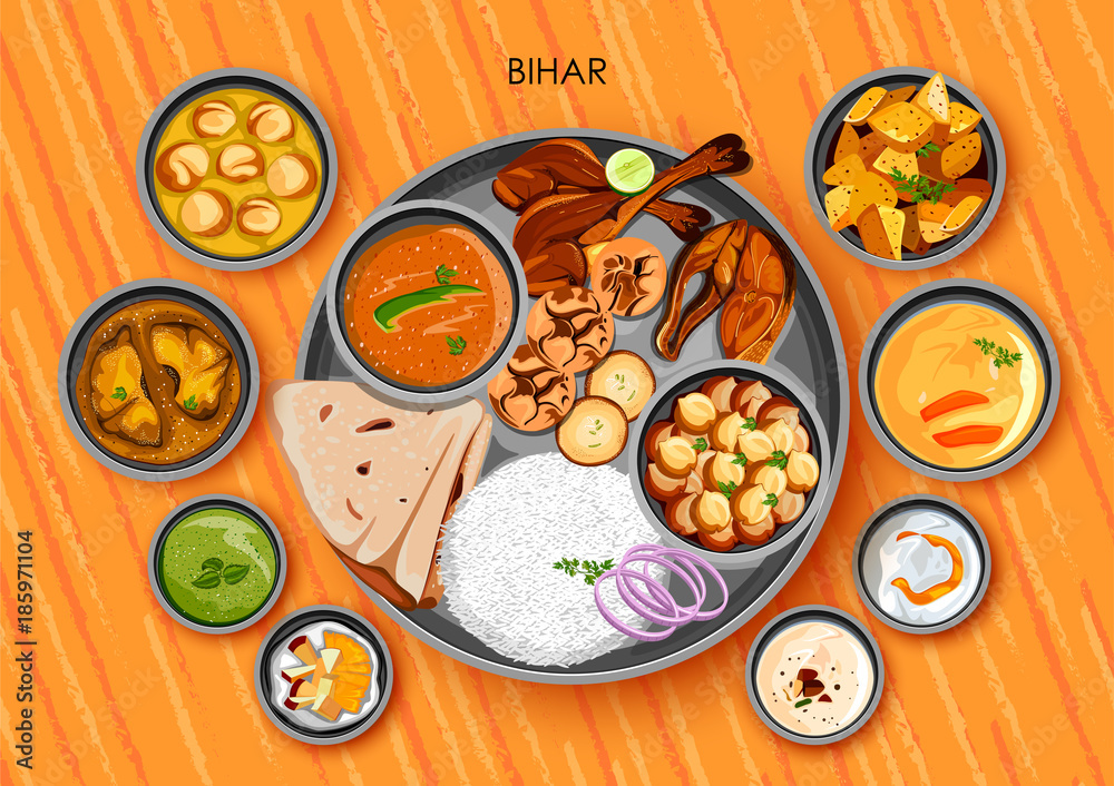 Traditional Bihari cuisine and food meal thali of Bihar India Stock ...