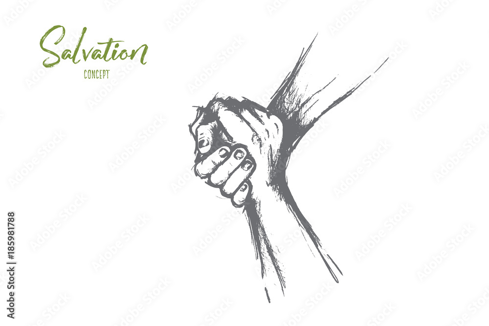 Salvation concept. Hand drawn helping hand outstretched for salvation ...
