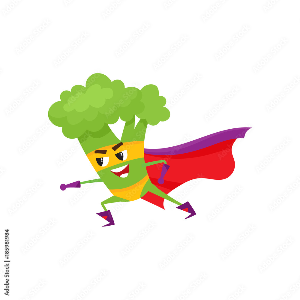 vector flat cartoon broccoli character in red cape, mask standing in ...