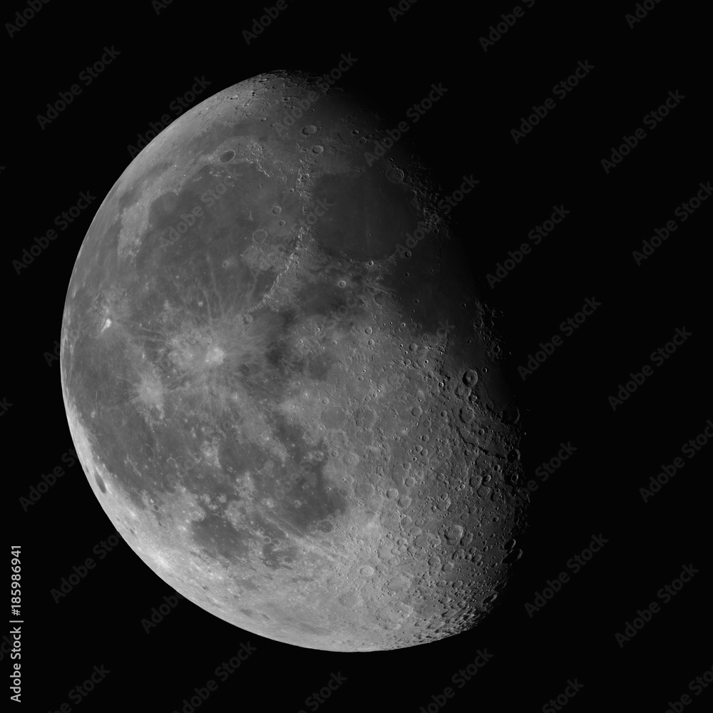 Waning Gibbous Moon isolated on black background, 74% of surface ...