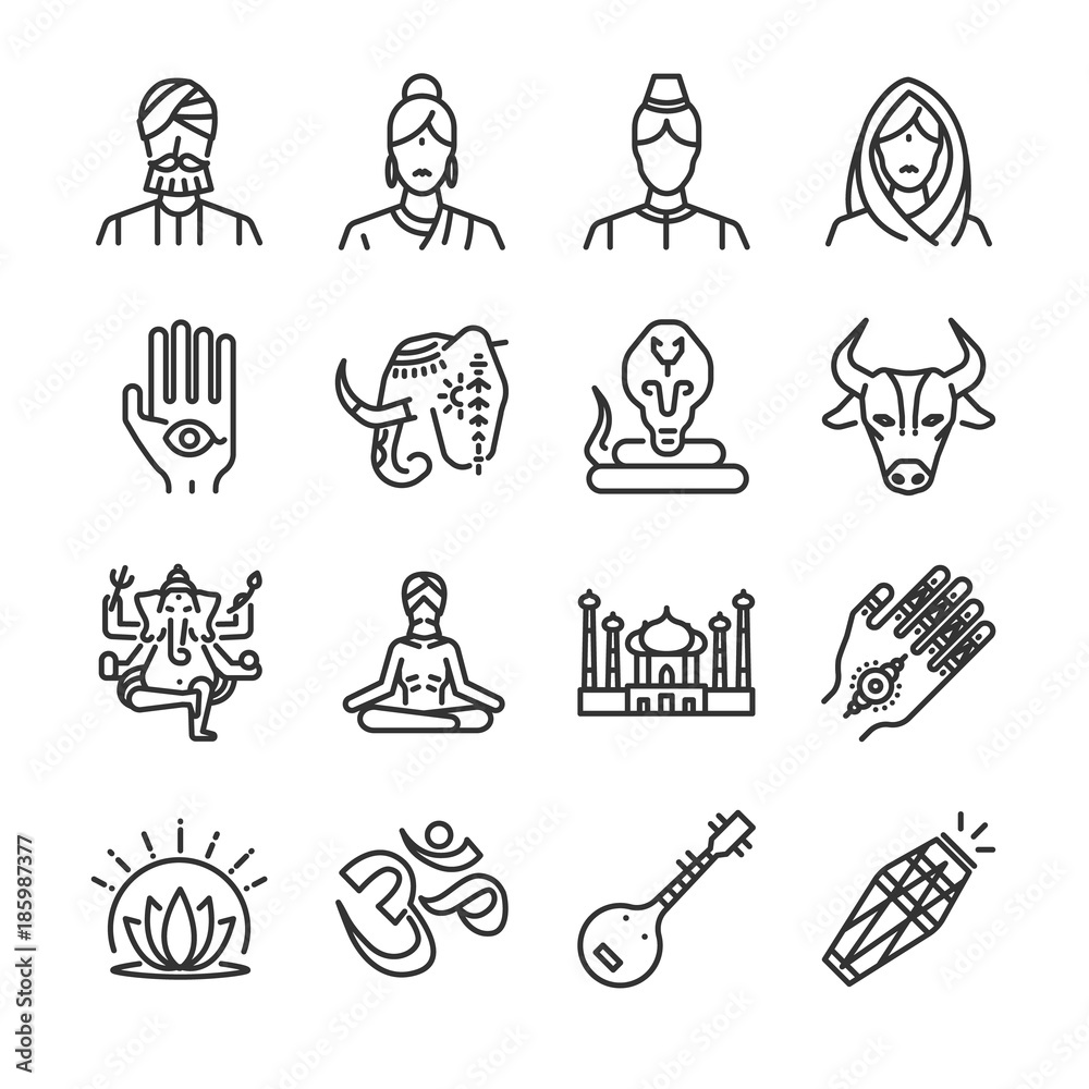 India icon set. Included the icons as Indian, Hindi, Ganesha, henna ...