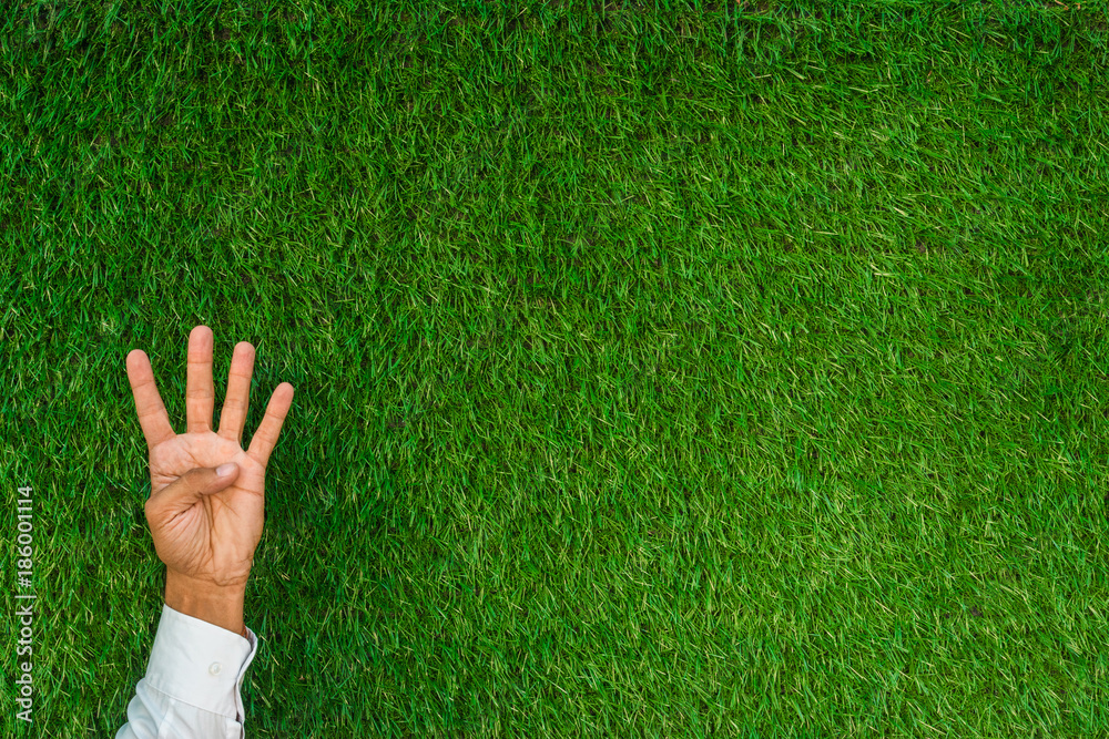 Hand with four fingers up count and a blank on a green grass background ...