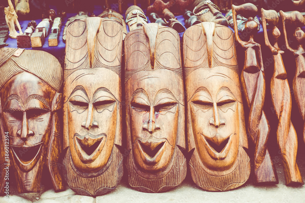 African masks, Morocco. Gift shop in Agadir. Stock Photo | Adobe Stock