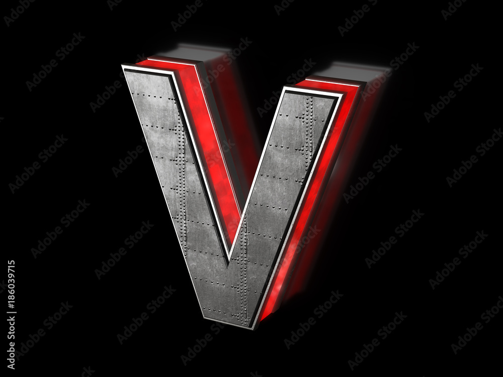 Futuristic letter V - black metallic extruded letter with red light ...