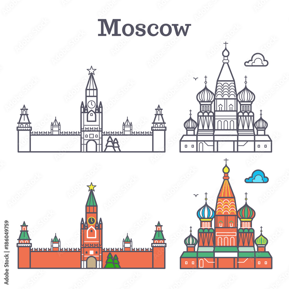 Moscow linear russia landmark, soviet buildings, Red Square 素材庫向量圖 ...