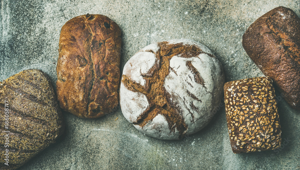 Various bread selection flat-lay. Top view of Rye, wheat and multigrain ...
