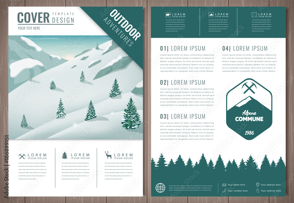 Outdoors flyer design with mountains landscape. Brochure headline for ...