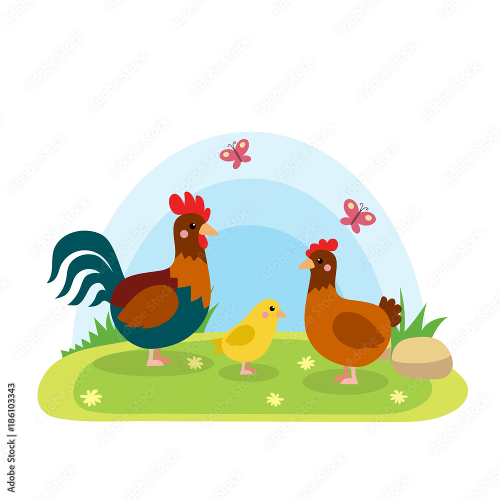 Farm animals with landscape - cute cartoon vector illustration with hen ...