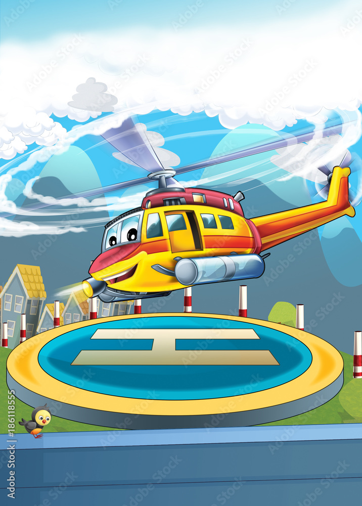 cartoon scene for different usage - cityscape with helicopter landing ...