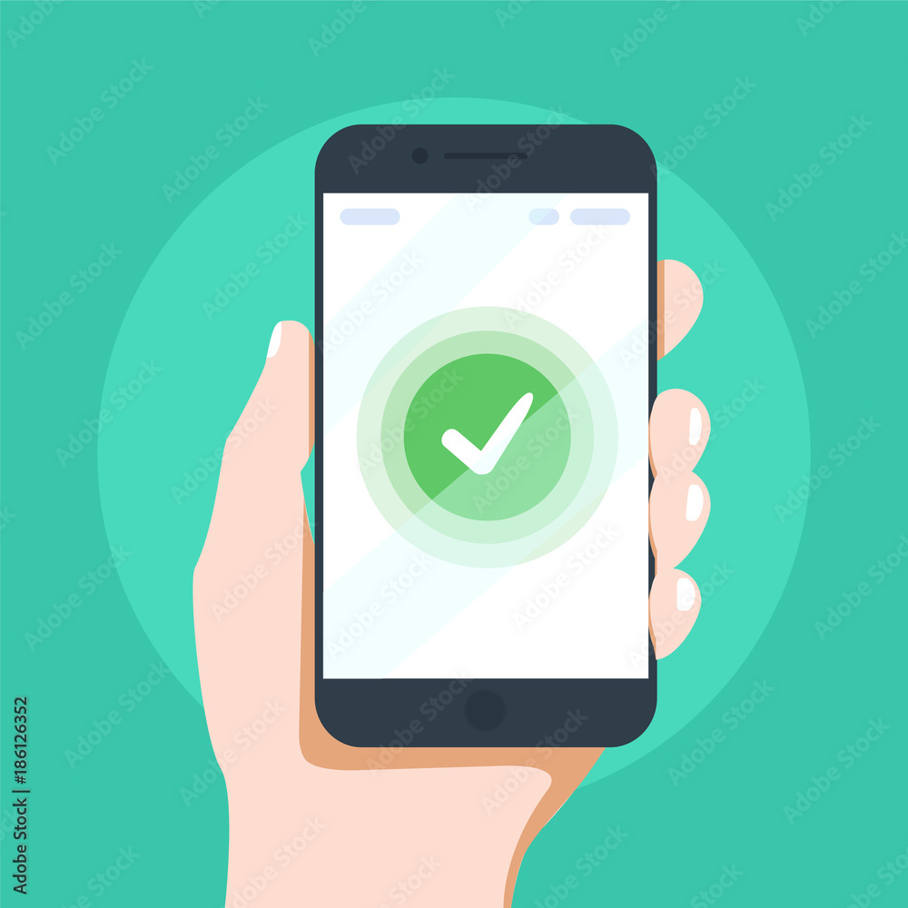 Check mark on Smart-phone screen. Hand holding phone. Finger on mobile ...