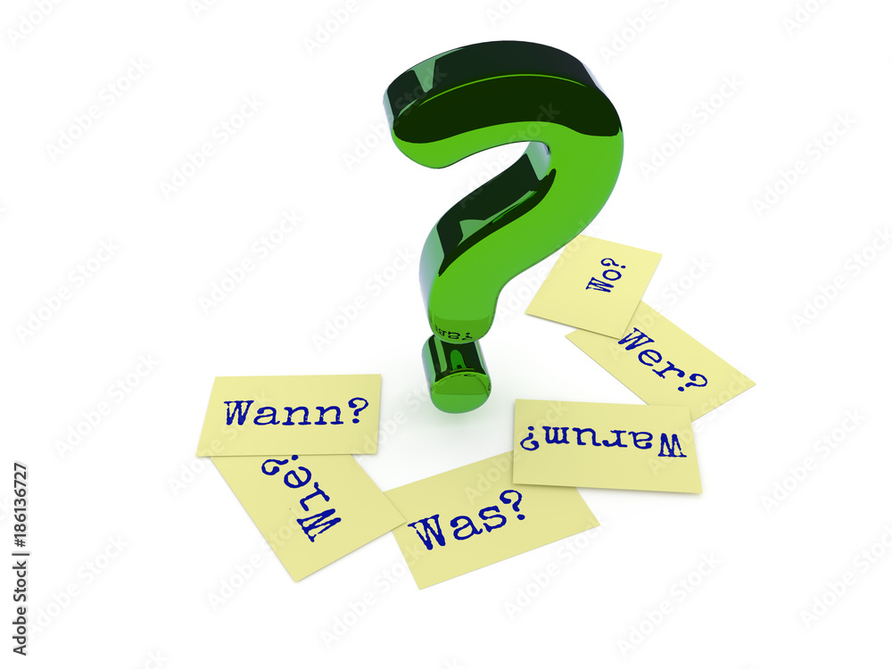 Grünes Fragezeichen mit Notizzettel und Fragewörtern, 3d rendering ...