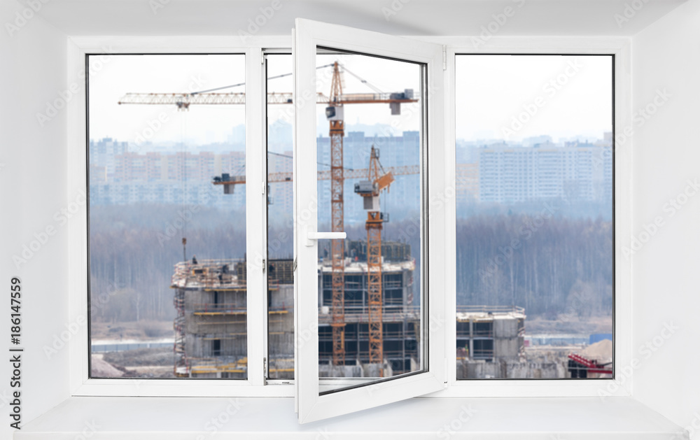 Loud construction site noise immission in opened one frame of pvc ...