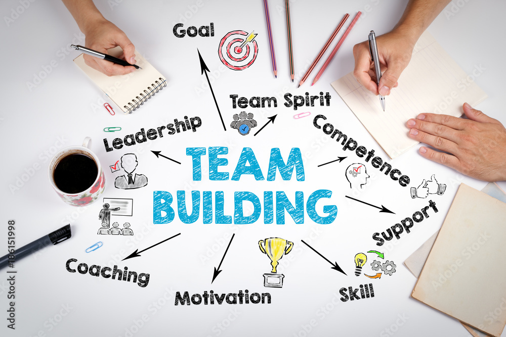 team building Concept. Chart with keywords and icons. The meeting at ...