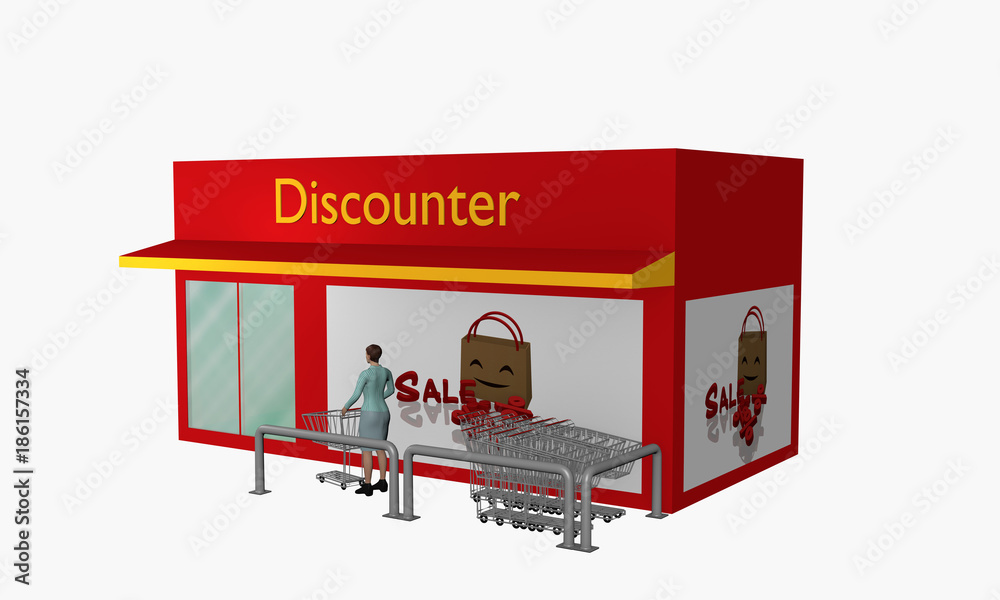 Discounter mit Sale-Plakat und Einkaufswagen mit 3d-Person. ilustración ...