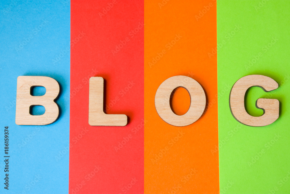 Word Blog of volumetric letters is background of four colors: blue, red ...