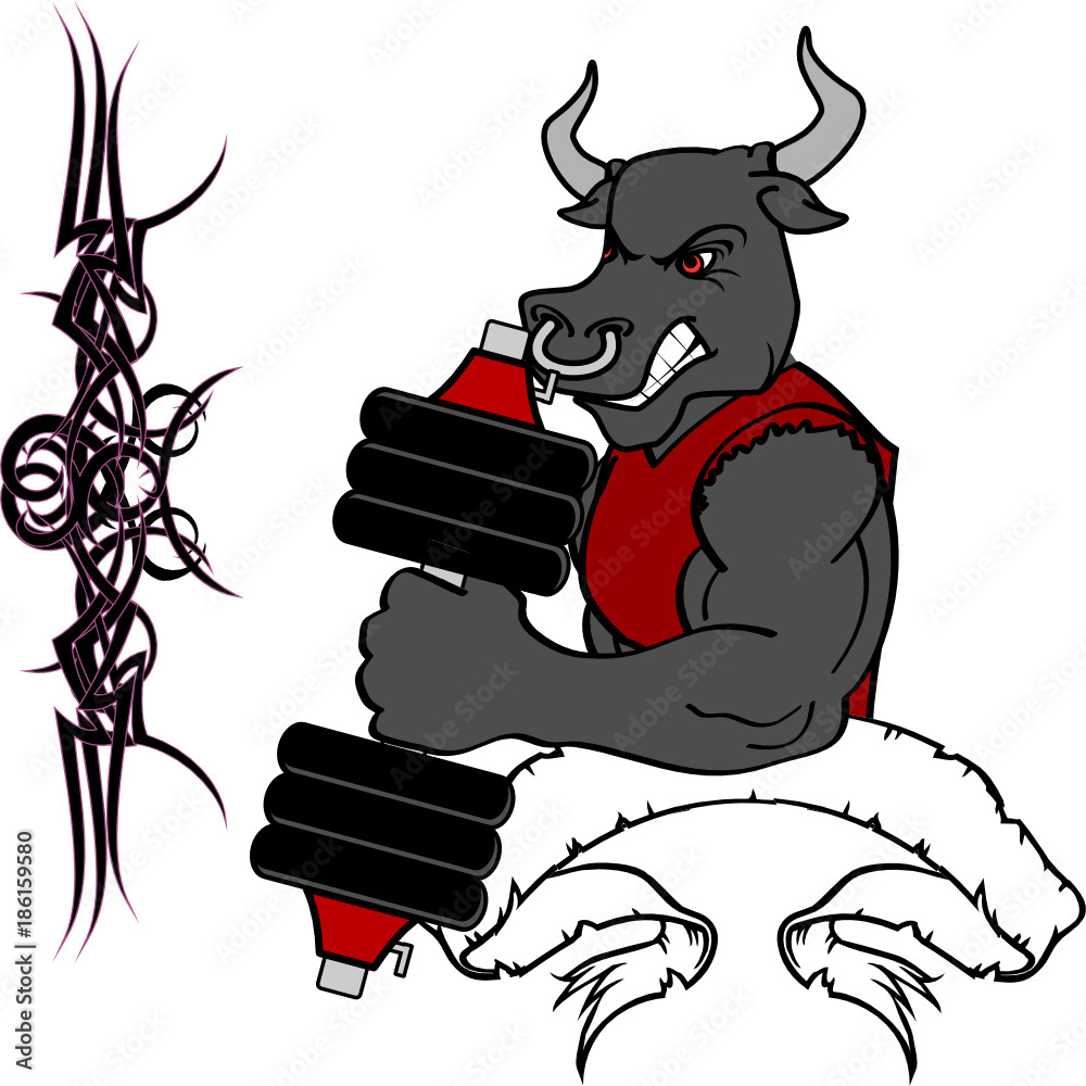 strong bull cartoon fitness weight training gym sticker in vector ...