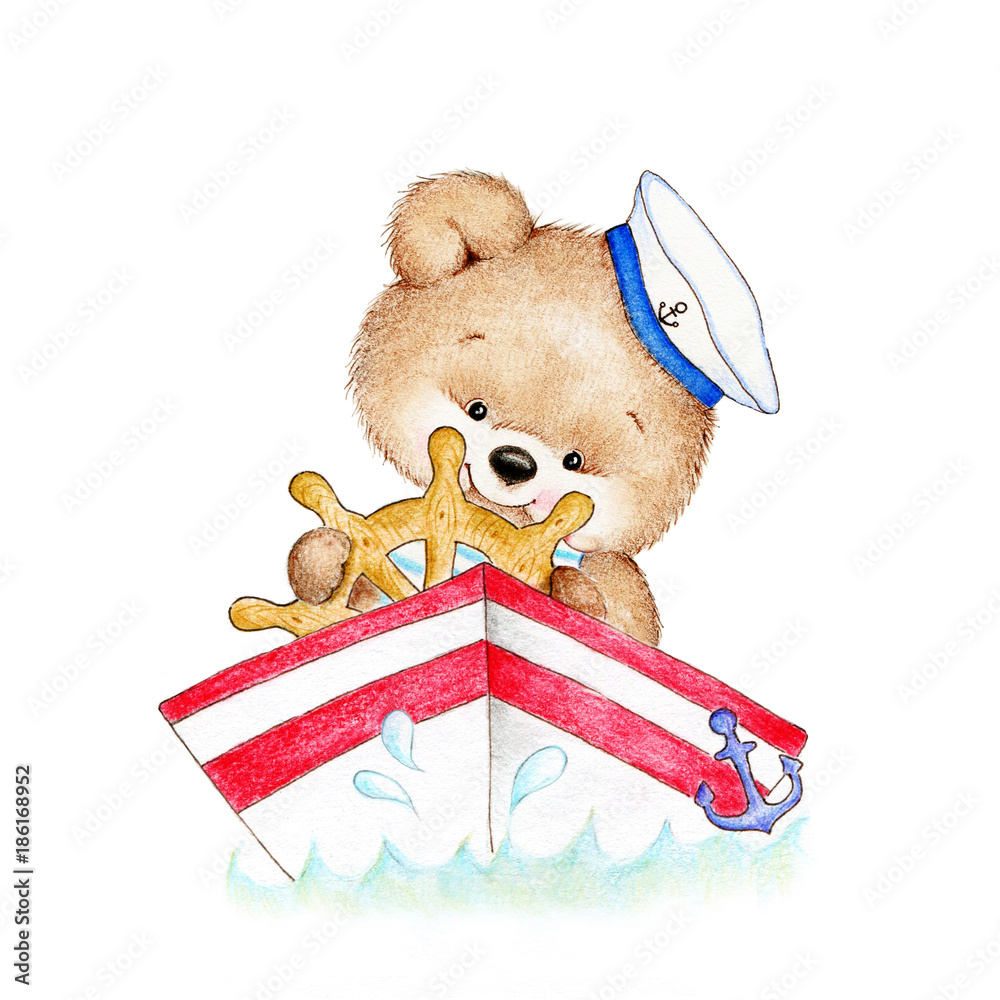 Cute Teddy bear driving a boat Stock Illustration | Adobe Stock