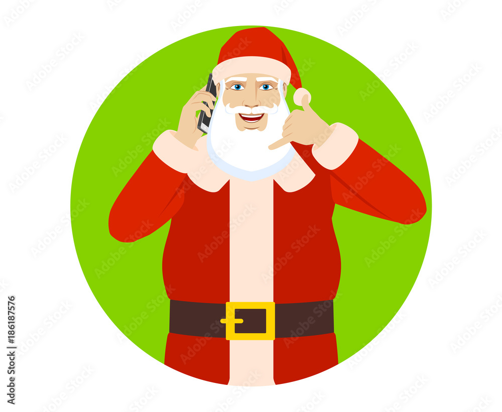 Santa Claus talking on the mobile phone and showing a call me sign ...