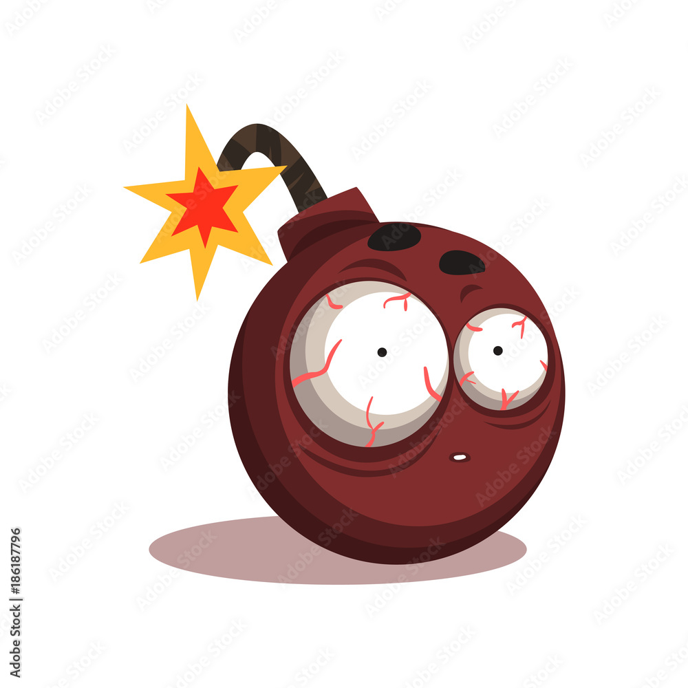 Illustration of round bomb with lit burning fuse. Cartoon character ...