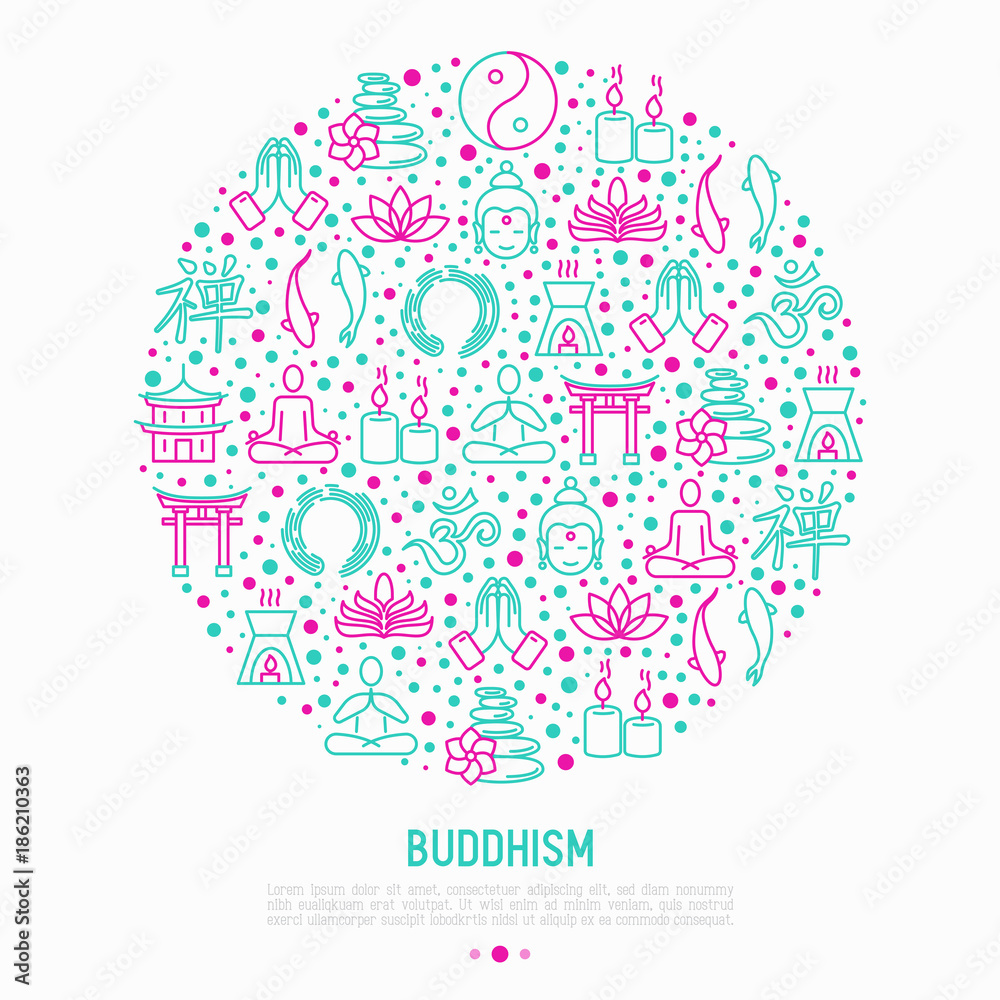 Buddhism concept in circle with thin line icons: yoga, meditation ...